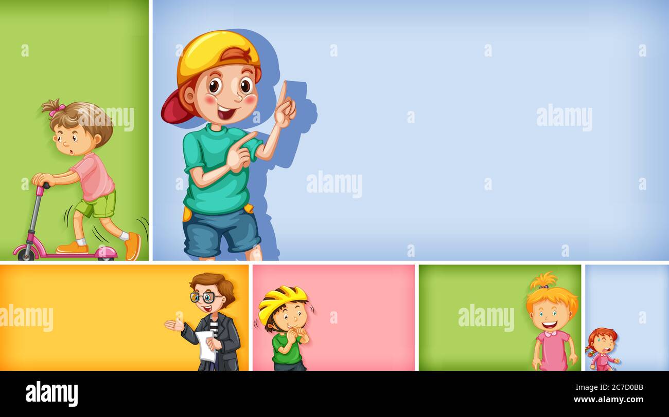 Set of different kid characters on different color background ...