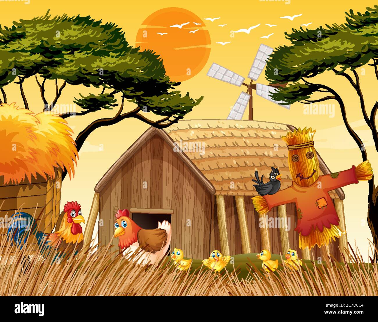 Farm scene in nature with barn and windmill and chicken illustration ...