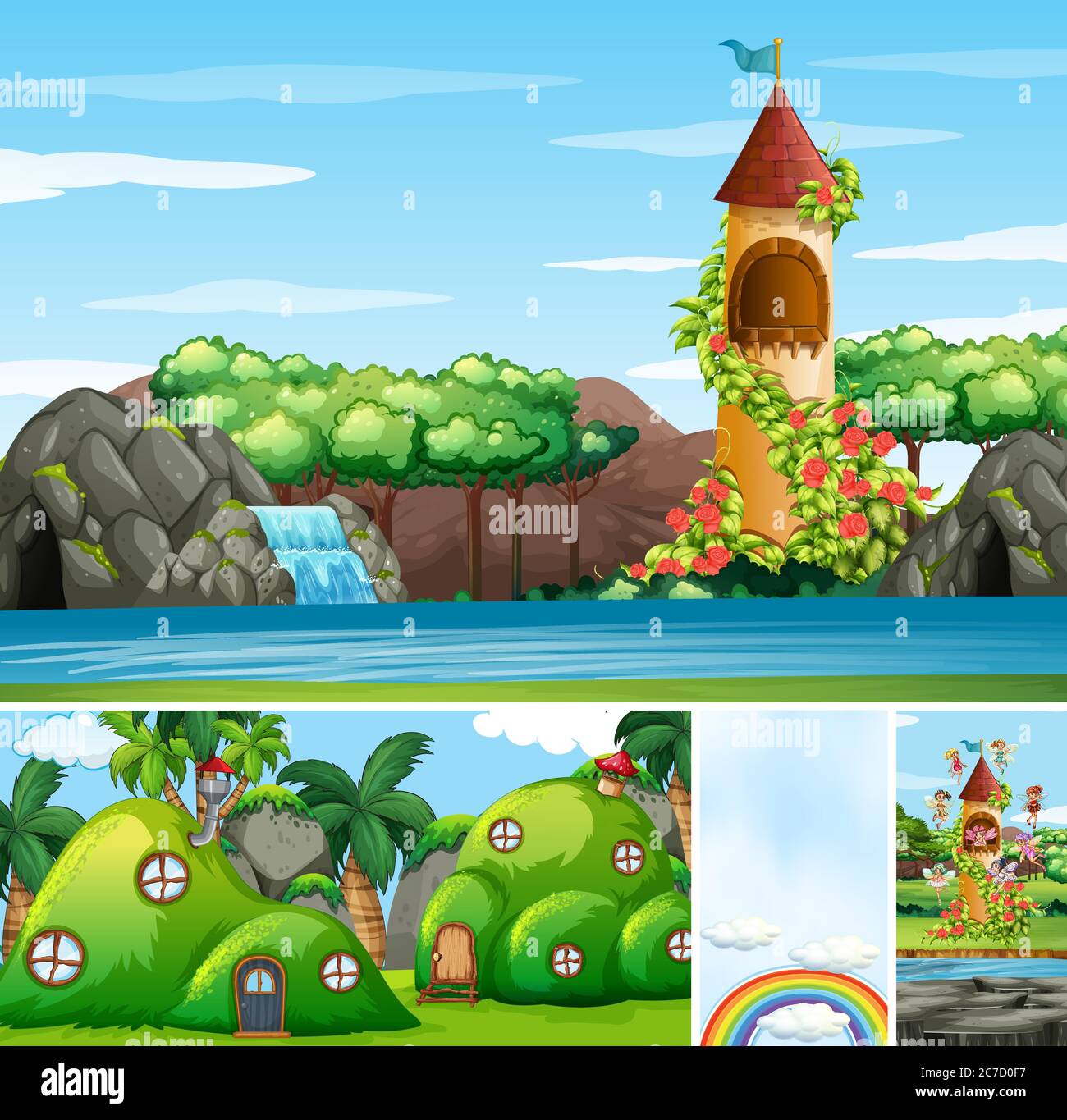 Four different scene of fantasy world with fantasy places and fairies ...