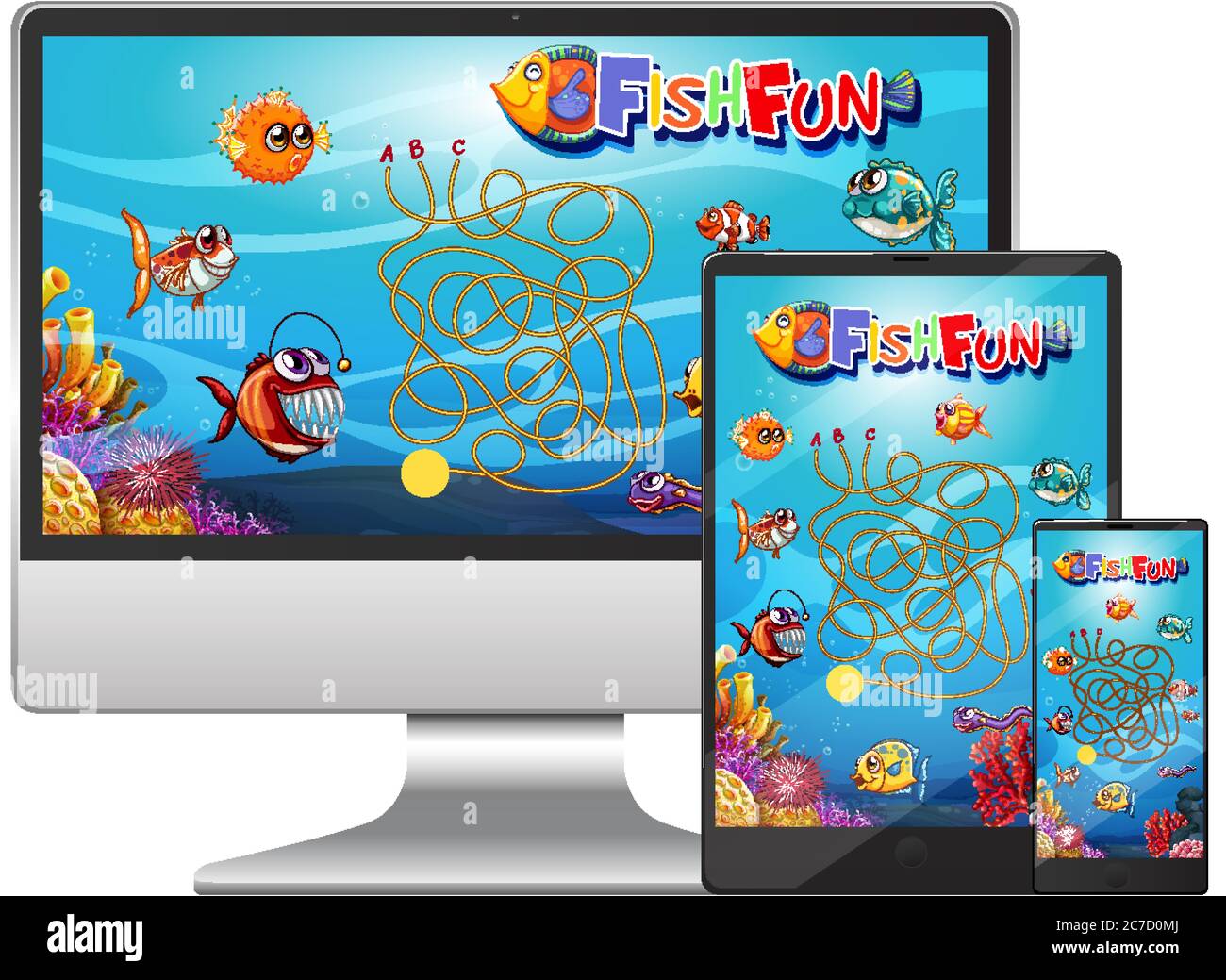 Set of fish game on computer screen illustration Stock Vector Image ...