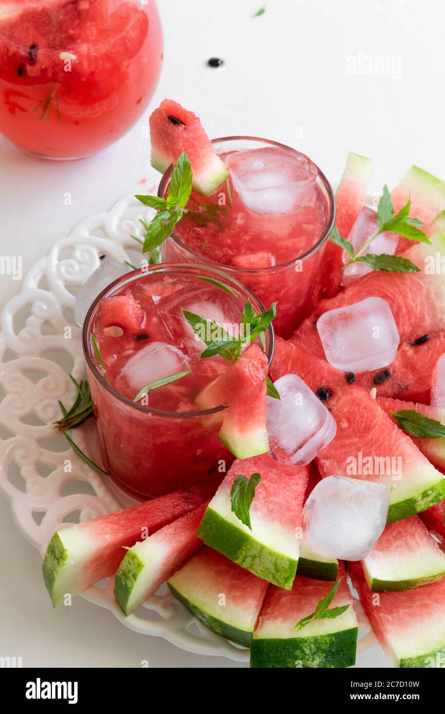 Homemade fresh watermelon drink, summer refreshing smothie with fresh ...