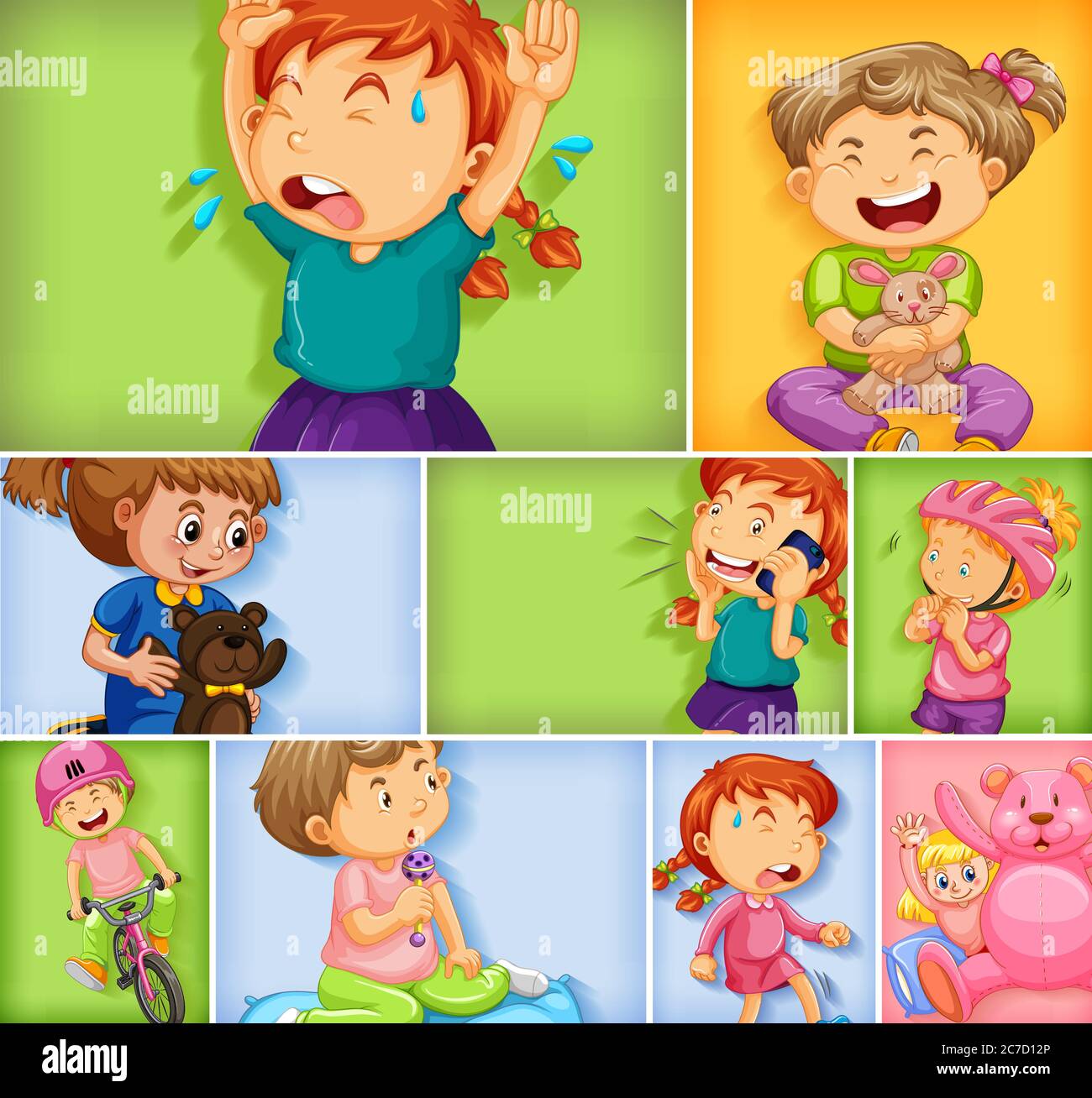 Set of different kid characters on different color background ...