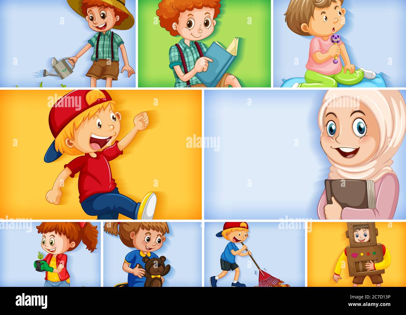 Set of different kid characters on different color background ...