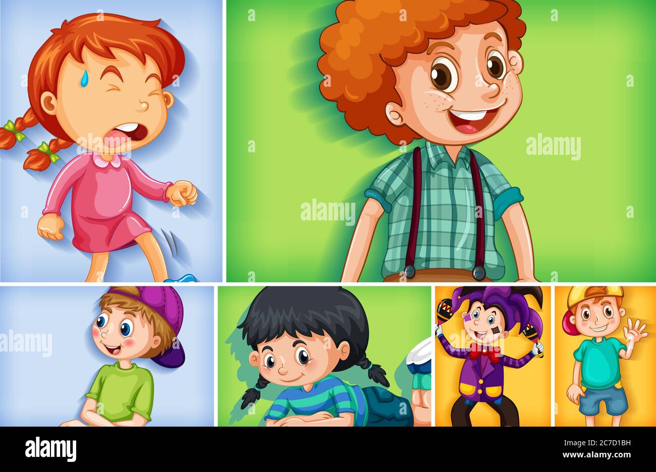 Set of different kid characters on different color background ...