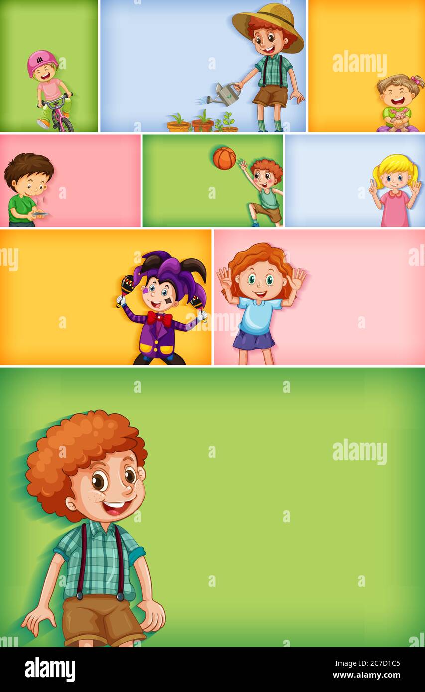 Set of different kid characters on different color background ...