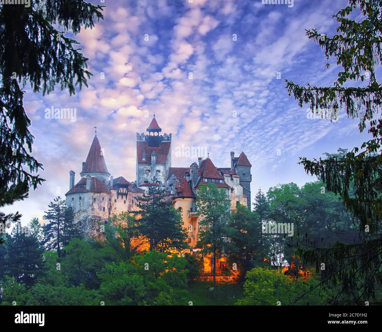 Landscape with medieval Bran castle known for the myth of Dracula at ...