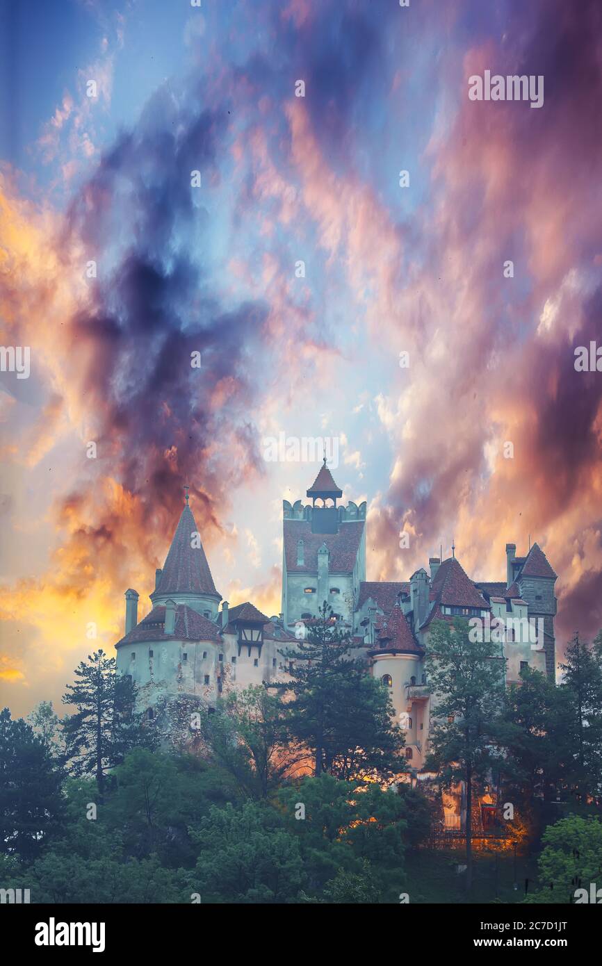 Landscape with medieval Bran castle known for the myth of Dracula at ...