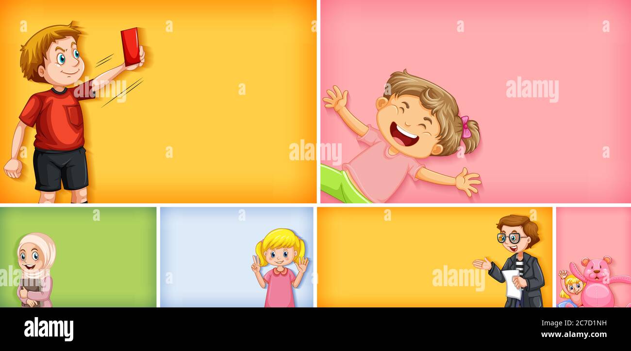 Set of different kid characters on different color background ...