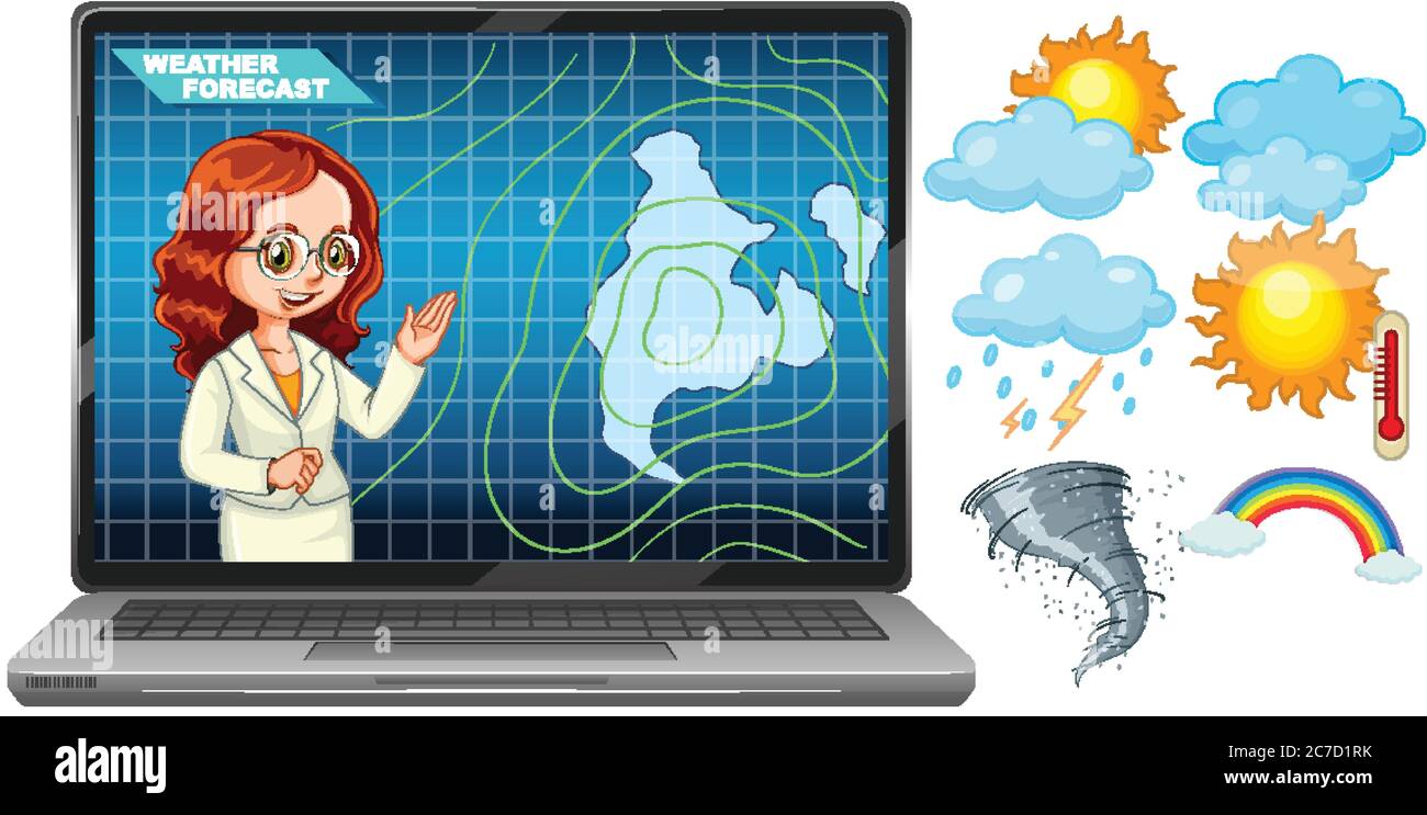 Anchorman reporting weather forecast on laptop screen with weather icon ...
