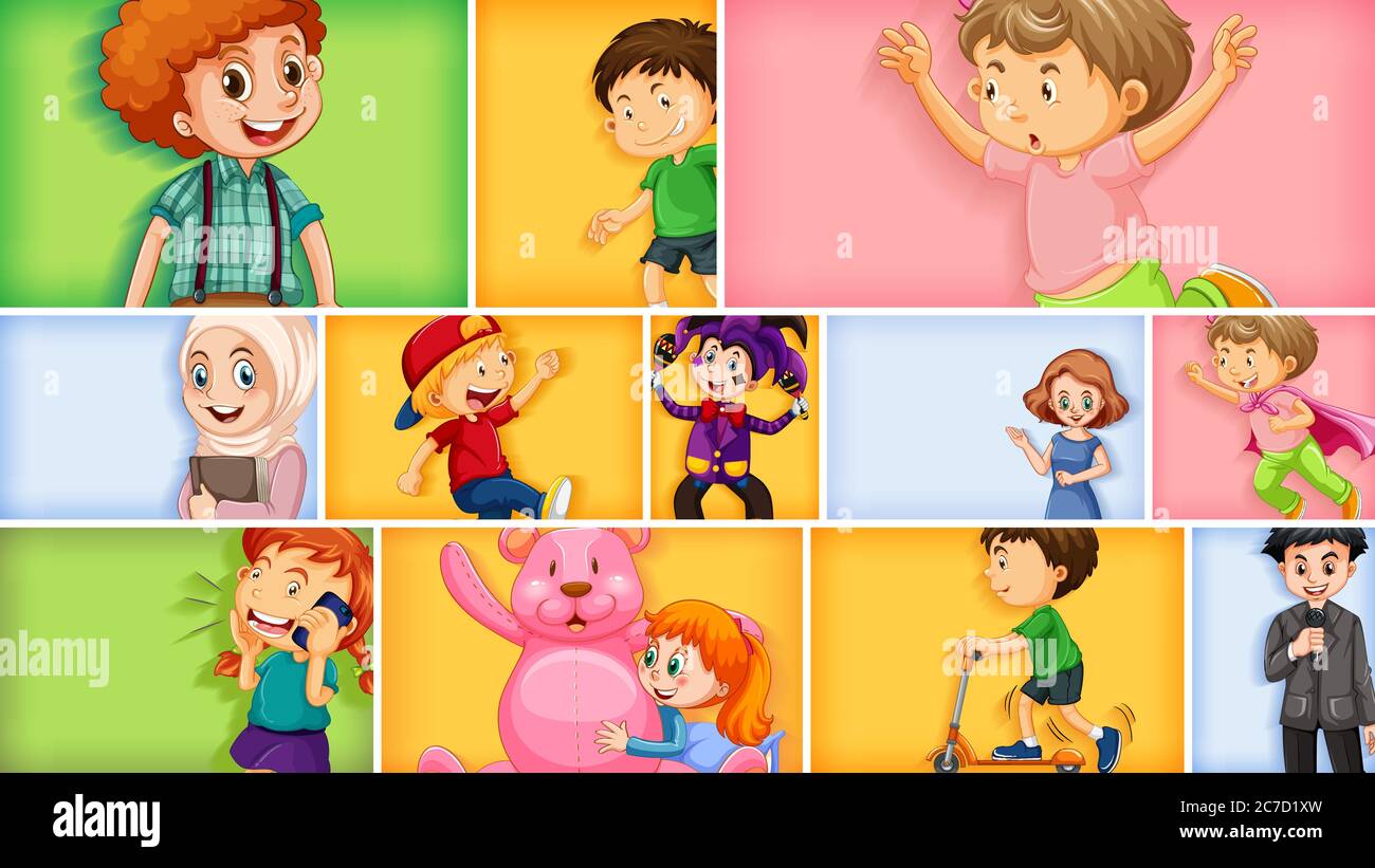 Set of different kid characters on different color background ...