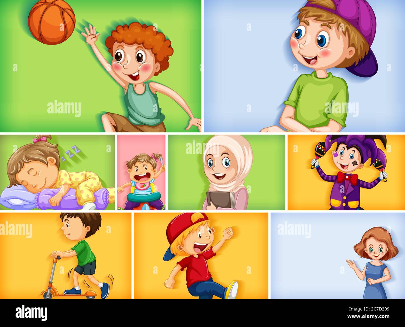 Set of different kid characters on different color background ...