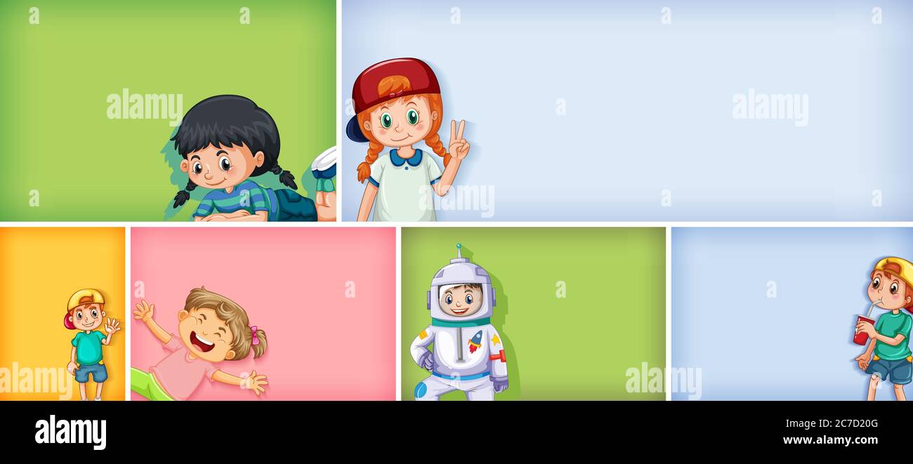 Set of different kid characters on different color background ...