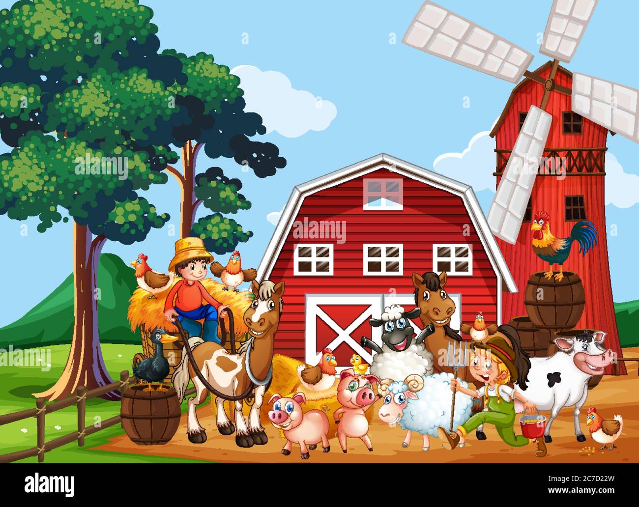 Farm in nature scene with windmill and barn and animal farm ...