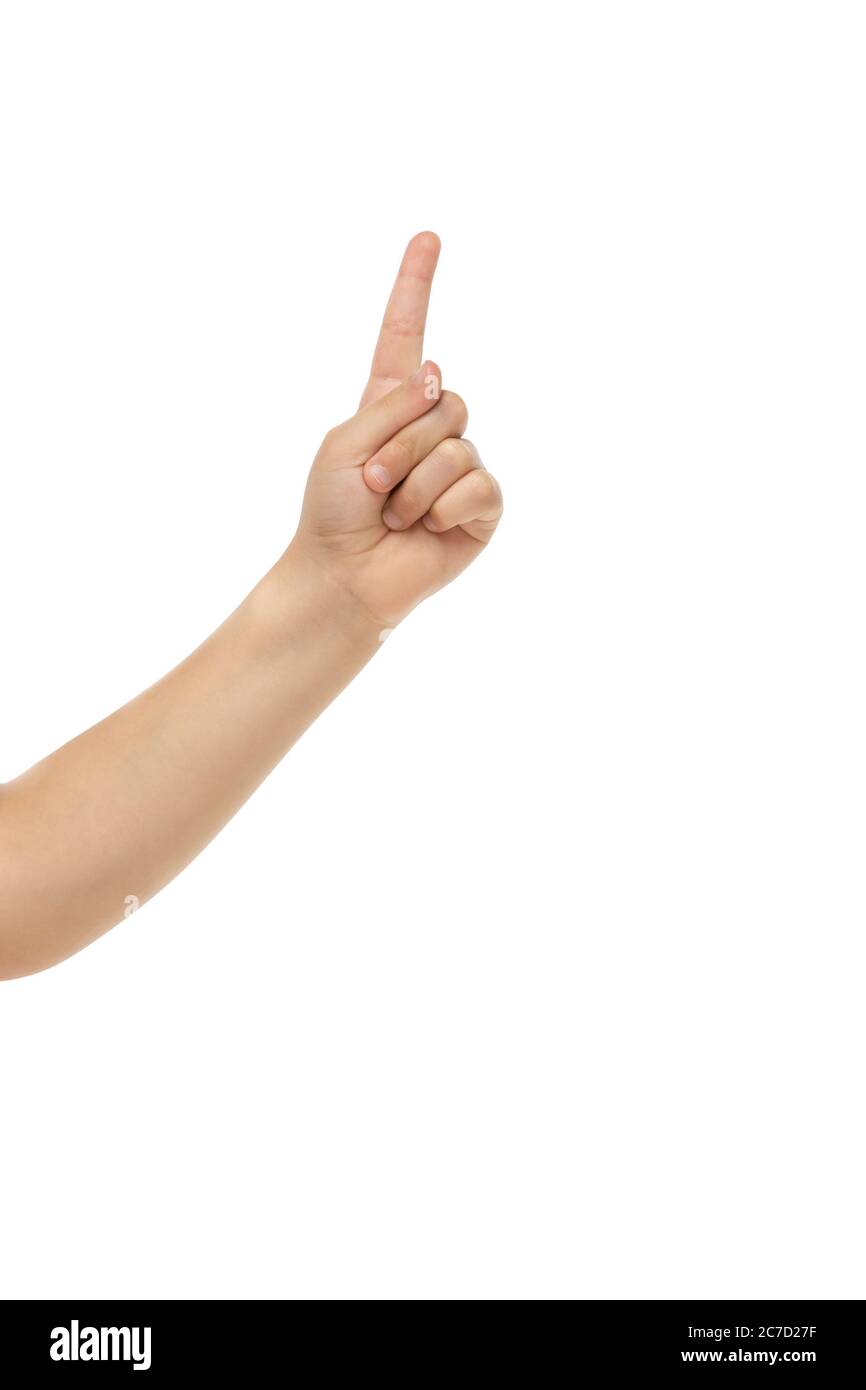Pointing. Children's hand, palm gesturing isolated on white studio ...
