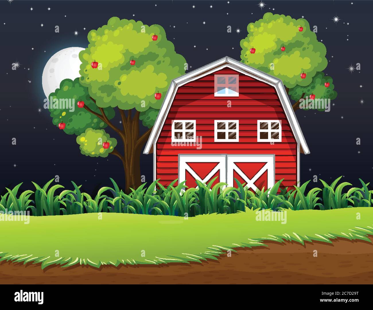 Farm scene with barn and apple tree at night illustration Stock Vector ...