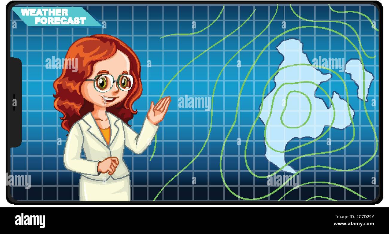 Anchorman reporting weather forecast on tablet screen isolated ...