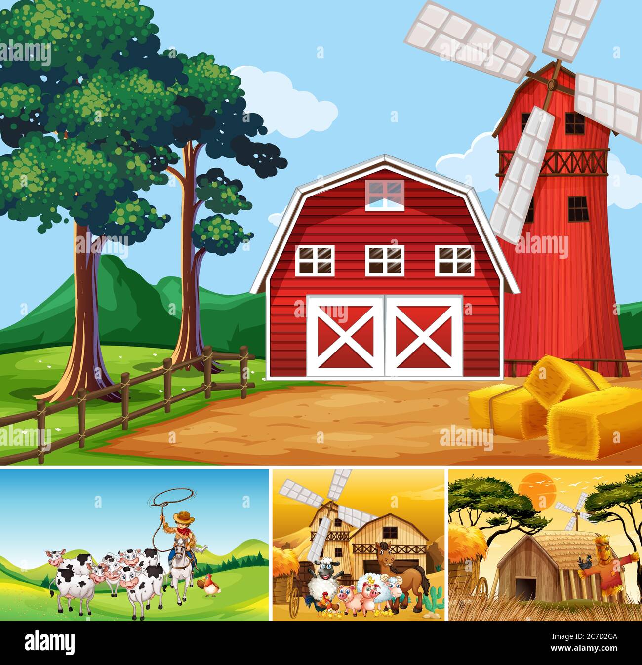 Set of different farm scenes with animal farm cartoon style ...