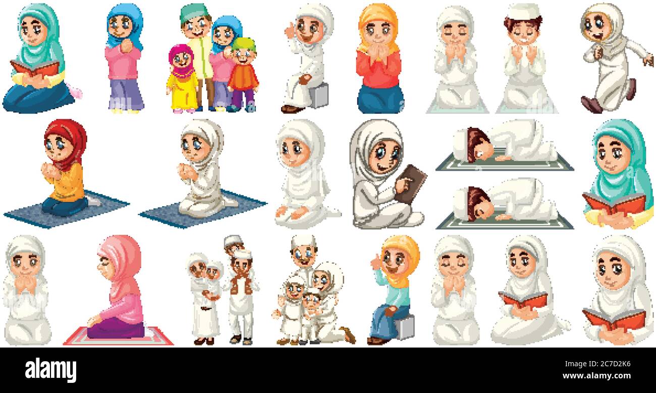 Set of different muslim people cartoon character isolated on white ...
