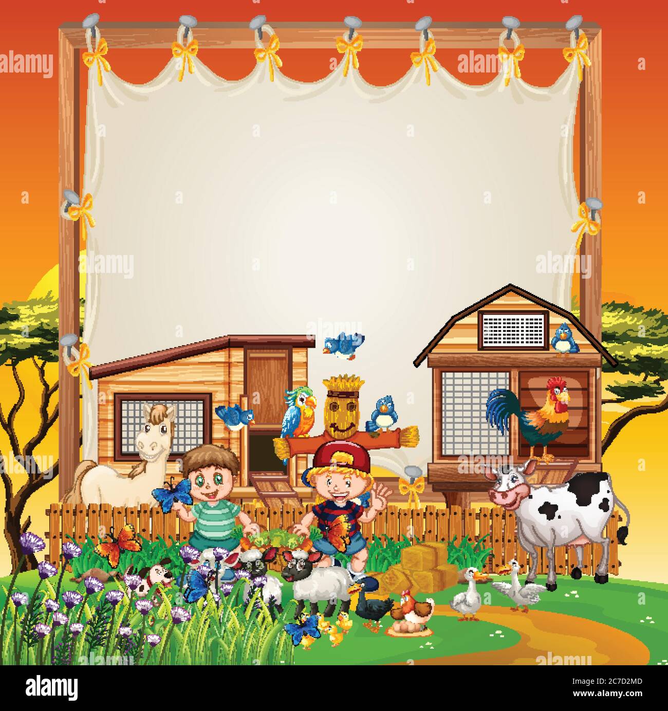 Canvas frame template in nature with animal farm illustration Stock ...