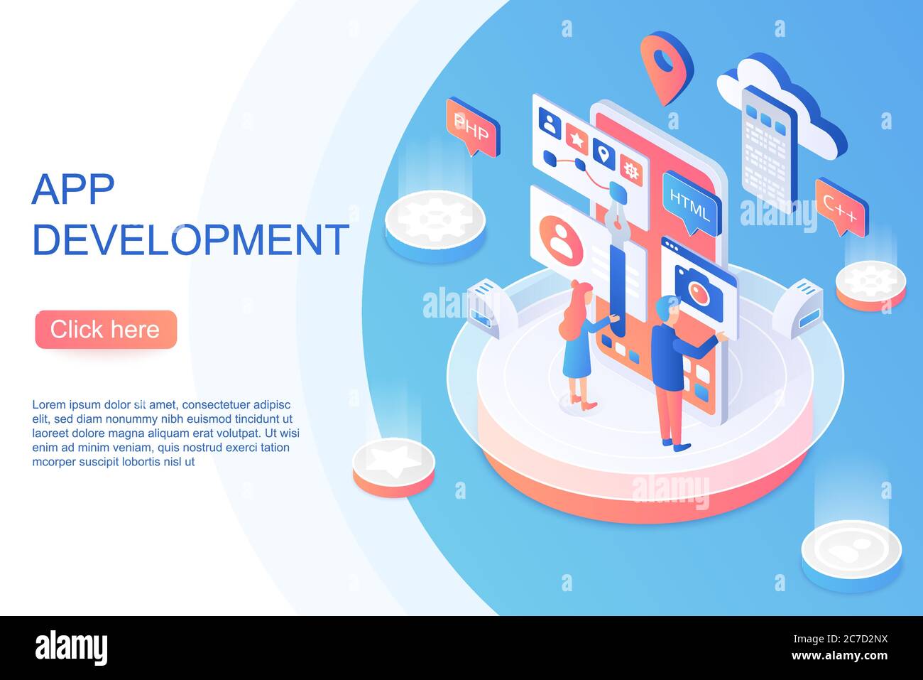 Isometric people standing on stage and developing digital app ...