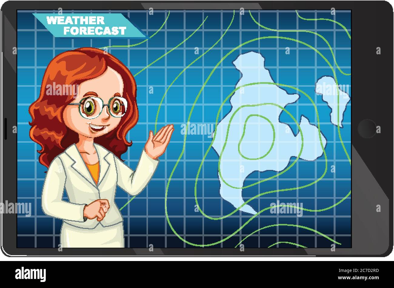 Anchorman reporting weather forecast on tablet screen isolated ...