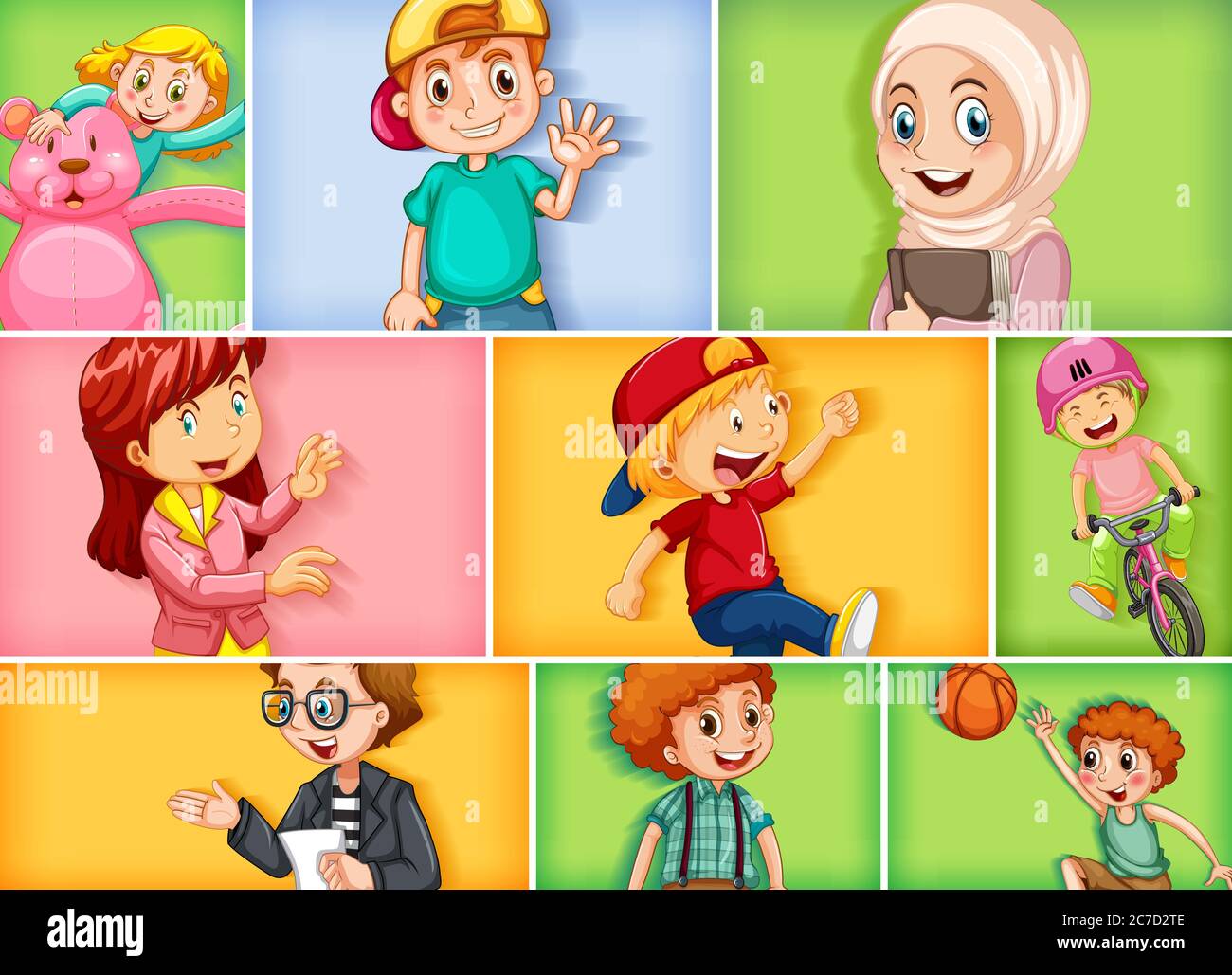 Set of different kid characters on different color background ...