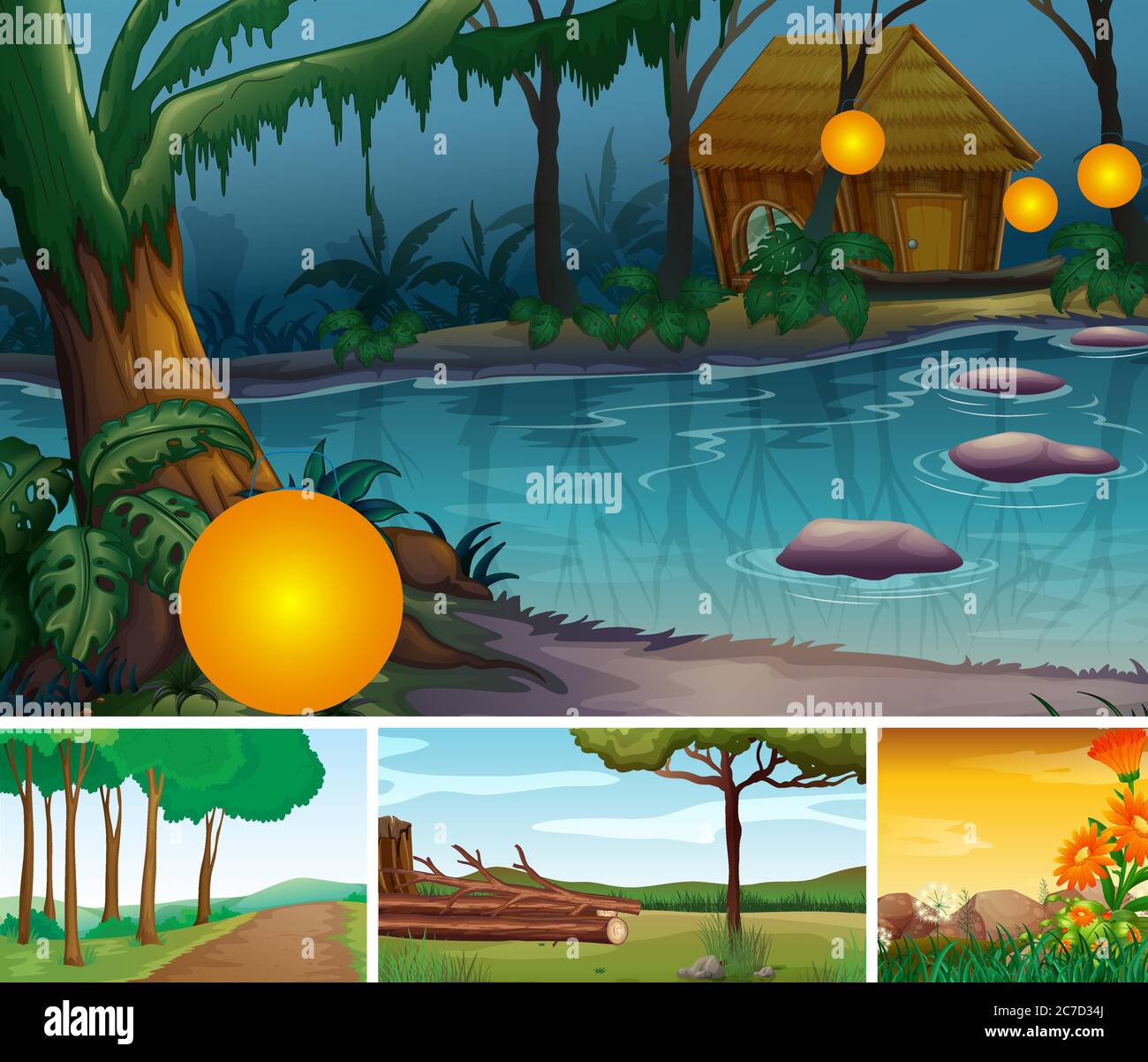 Four Different Nature Scene Of Forest And Swamp Cartoon Style