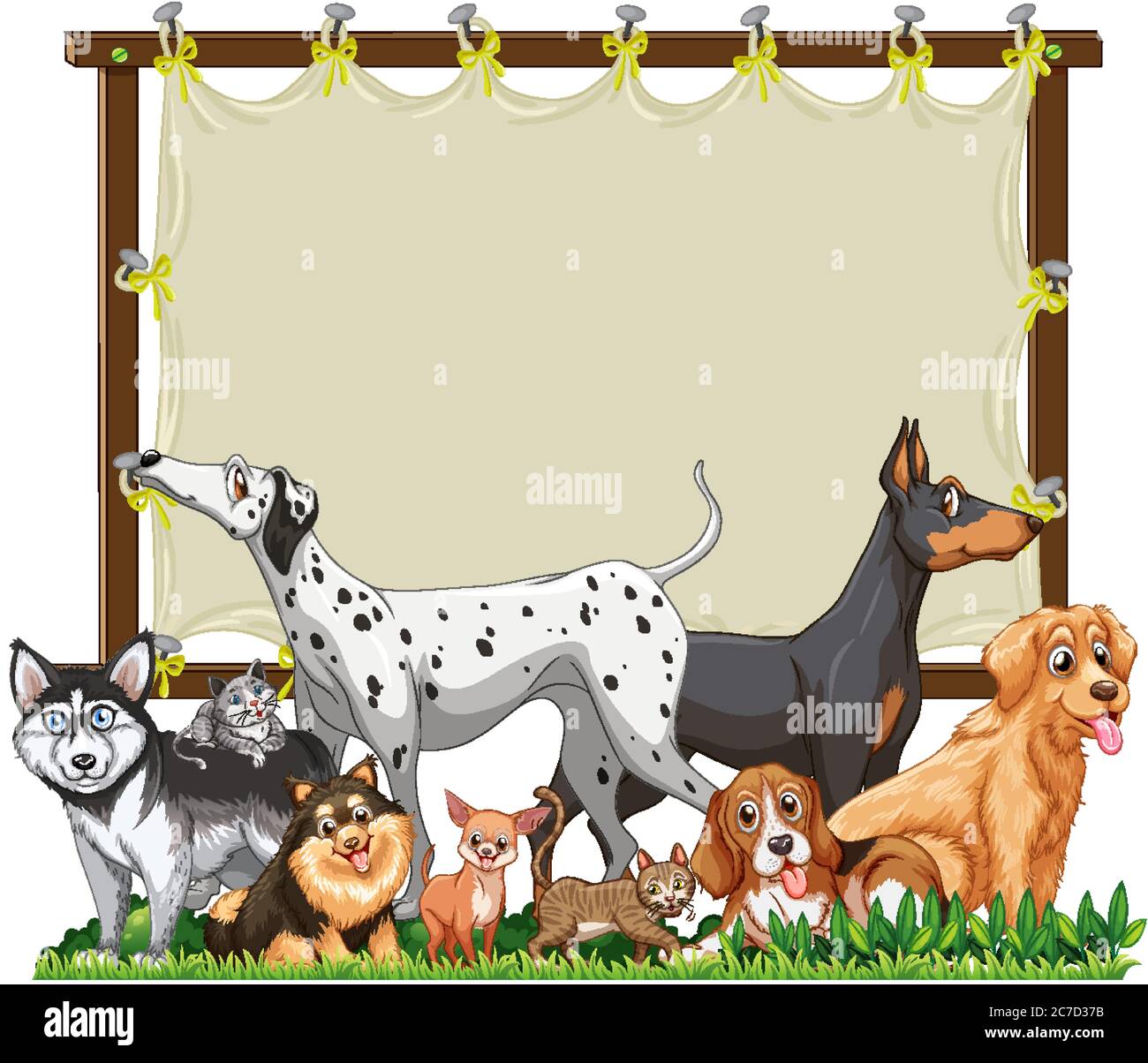 Canvas wooden frame template with cute dogs group isolated illustration ...