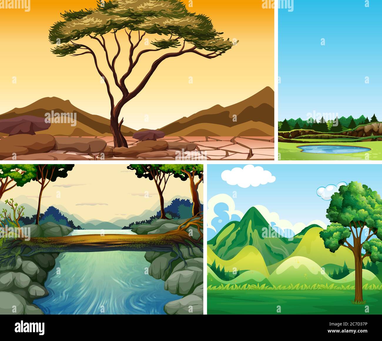 Four different nature scene of forest and river cartoon style ...