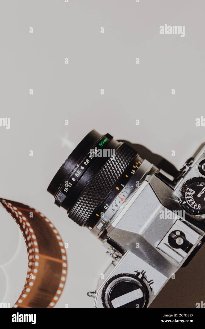 Geometric Flat lay set: vintage camera on light backgrounds with 35 mm ...