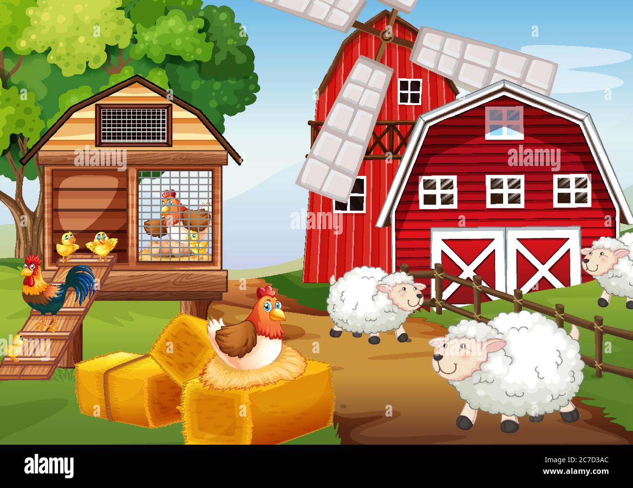 Farm scene in nature with barn and windmill and animal farm ...