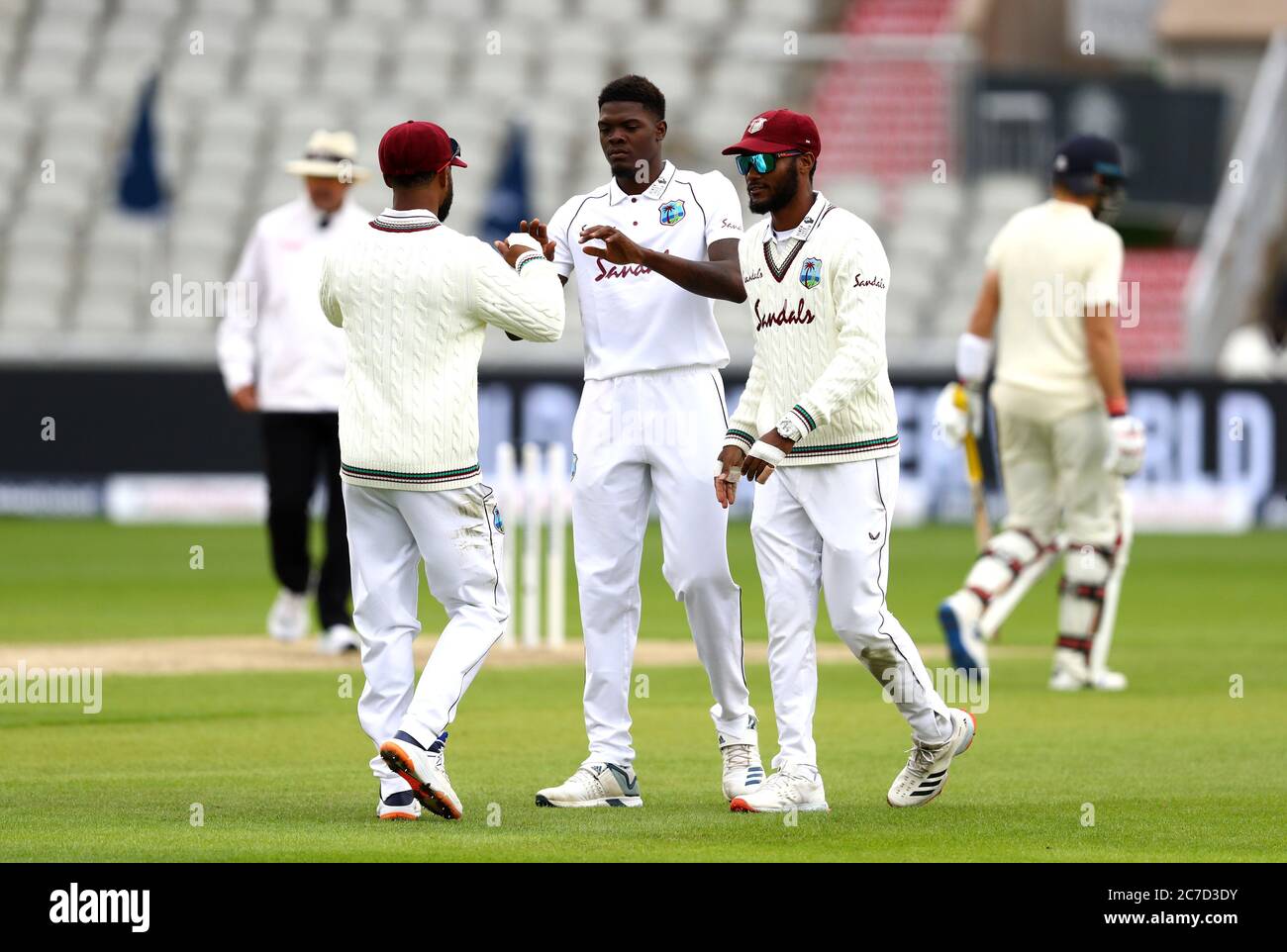 West Indies' Alzarri Joseph (centre) celebrates taking the wicket of ...