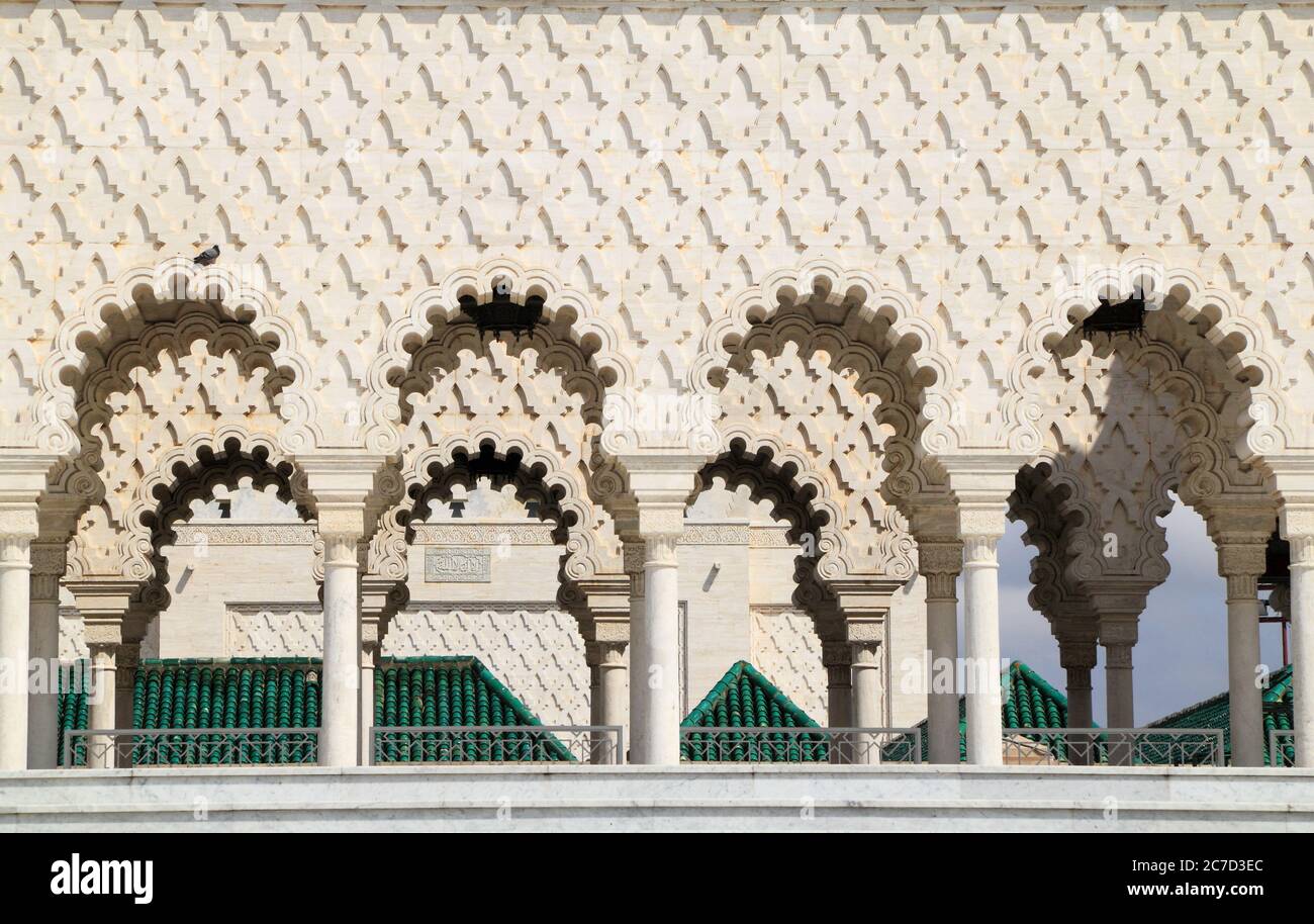 Rabat, Morocco. Arabesque arches and intricately sculpted marble facade ...