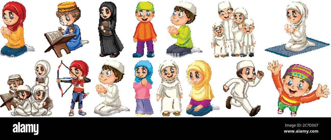 Set of different muslim people cartoon character isolated on white ...