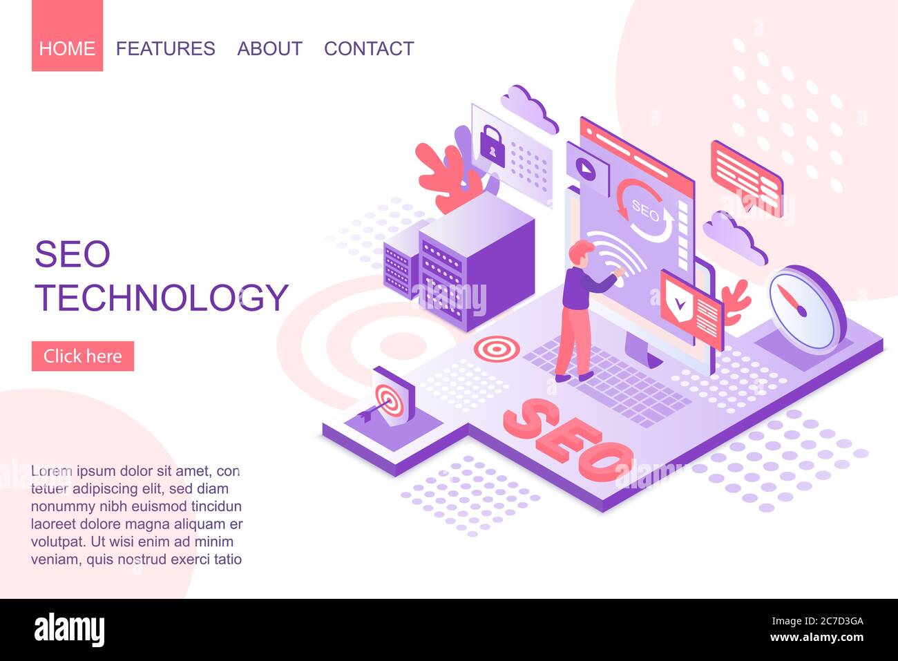 Isometric man improving SEO technology. Website start page vector ...
