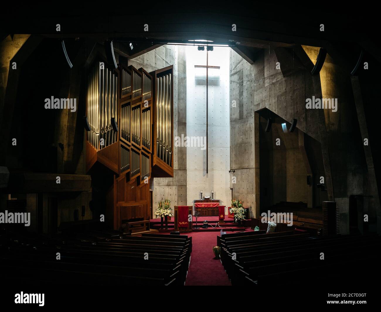 Seoul, South Korea - The altar with huge cross and pipe organ inside ...