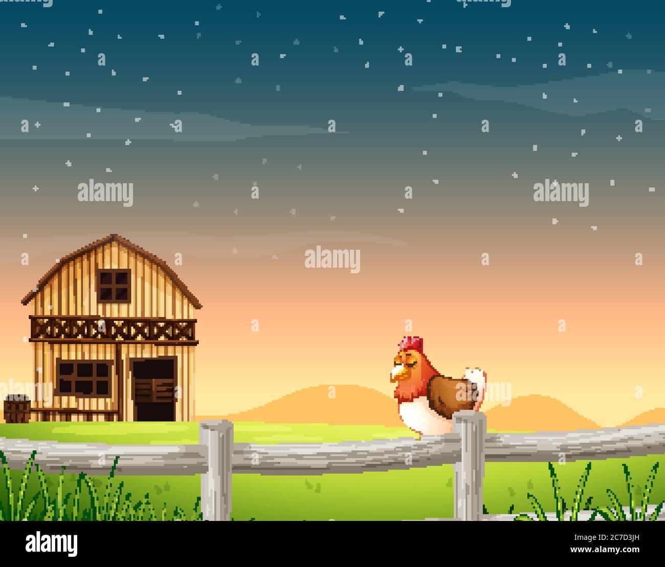 Farm scene in nature with barn and chicken illustration Stock Vector ...