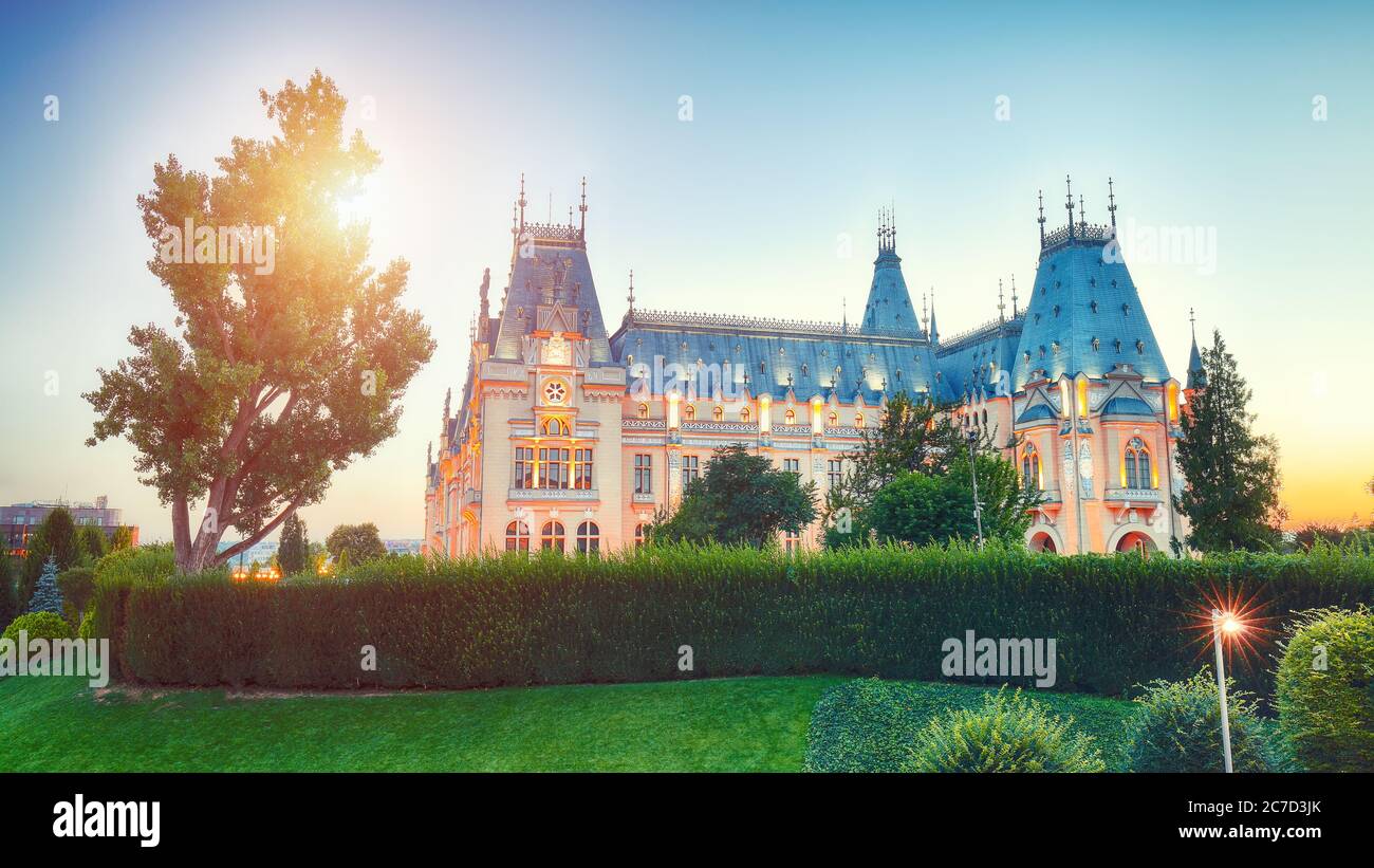The Palace of Culture edifice in Iasi . Fantastic evening scene summer ...