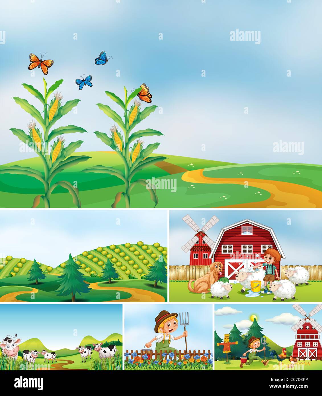 Set of different farm scenes with animal farm cartoon style ...