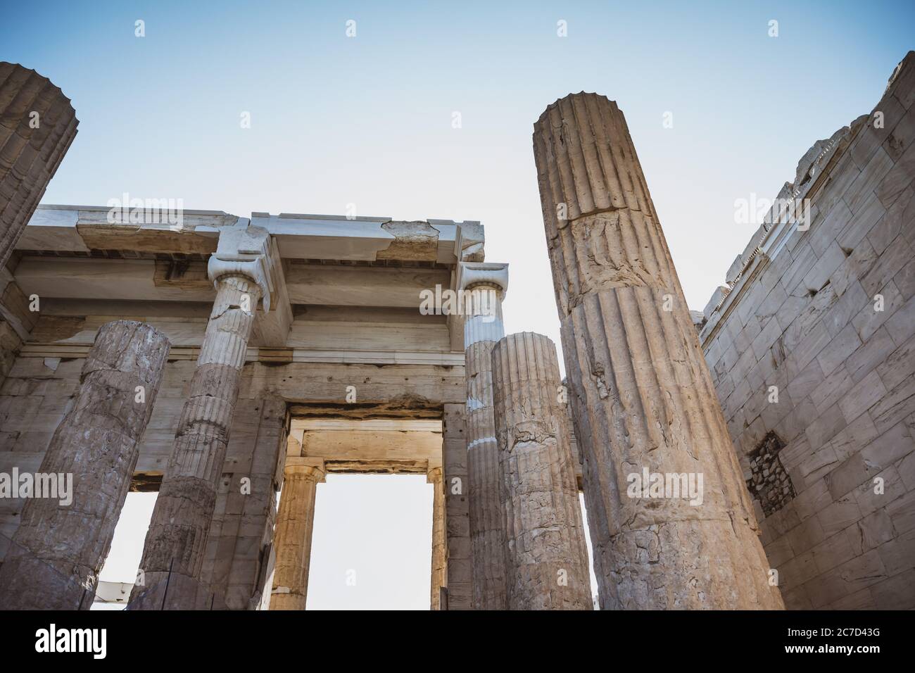 The entrance temple Propylaea to the Acropolis in Athens in scenic back ...