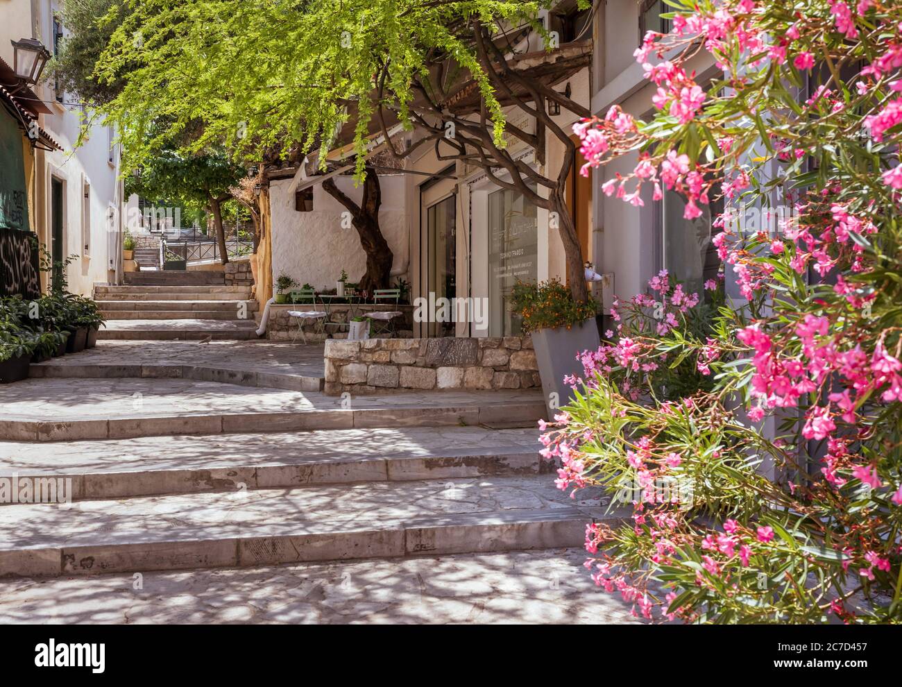 Picturesque quiet alley in the Plaka old town of Athens with steps ...