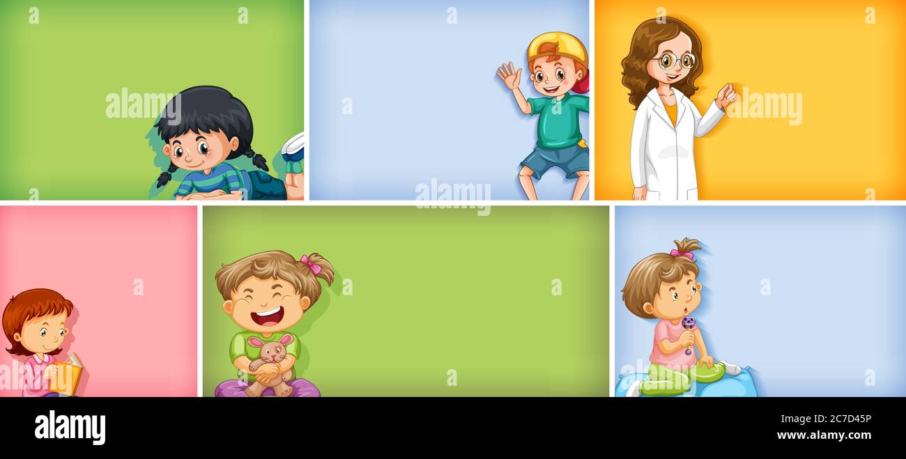 Set of different kid characters on different color background ...