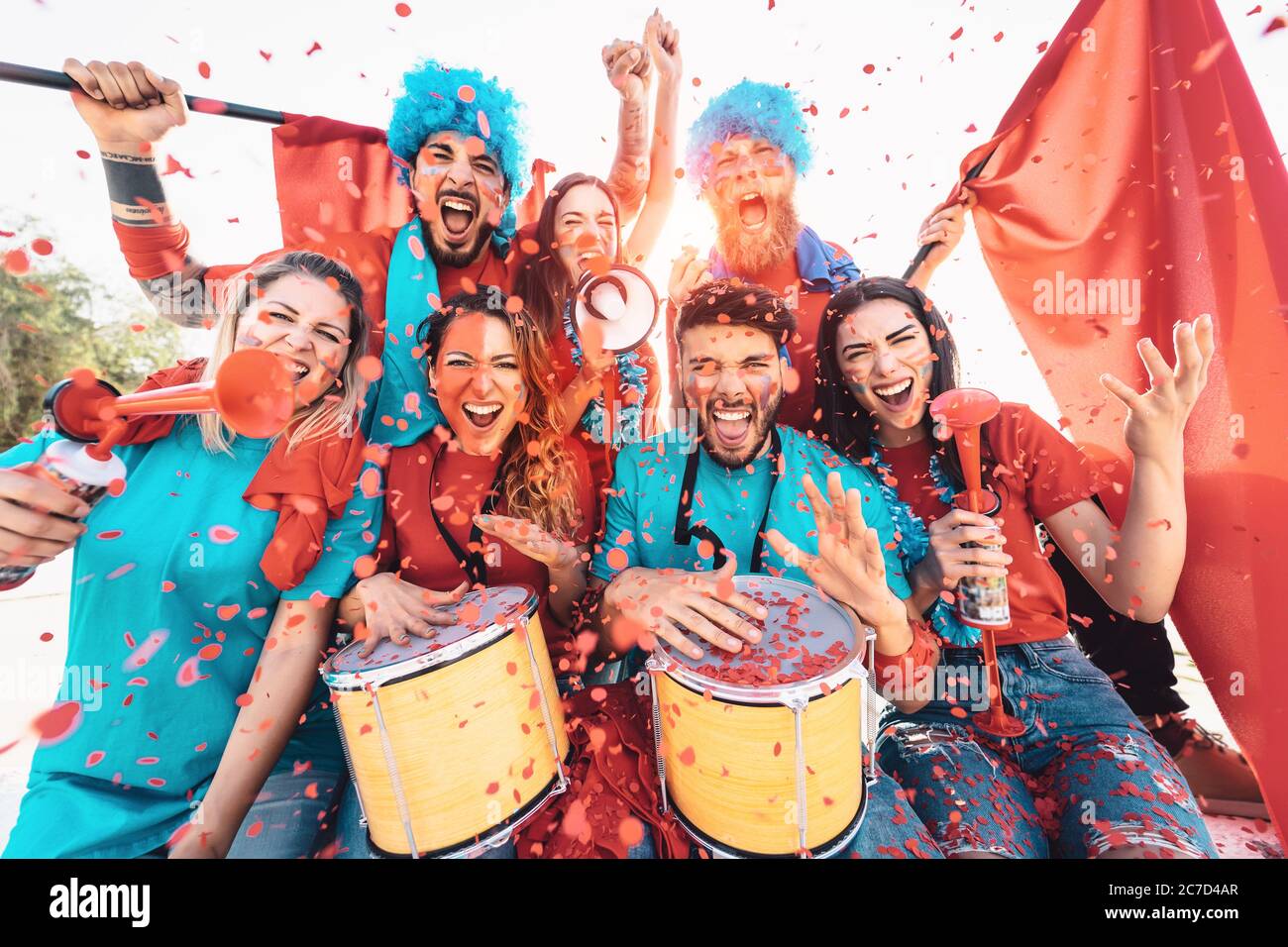 Friends football fans watching soccer match event at stadium - Young ...