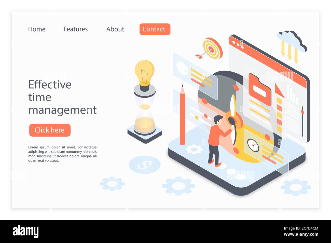 Effective time management landing page isometric vector template. Workflow optimization 3d ...
