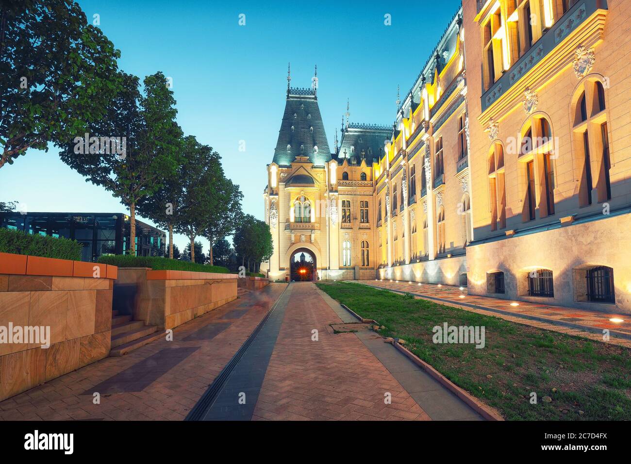 The Palace of Culture edifice in Iasi . Fantastic evening scene summer ...
