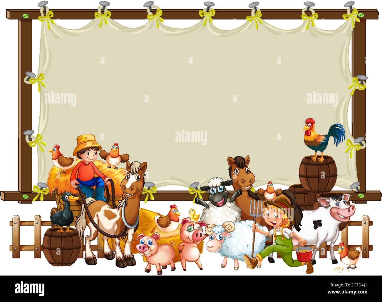 Canvas wooden frame template with animal farm set isolated illustration ...
