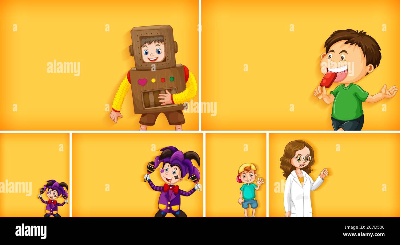 Set of different kid characters on yellow color background illustration ...