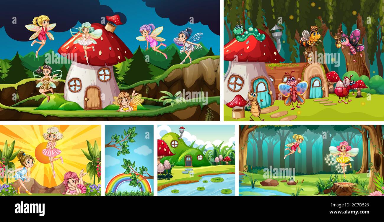 Six different scene of nature fantasy world with beautiful fairies in ...