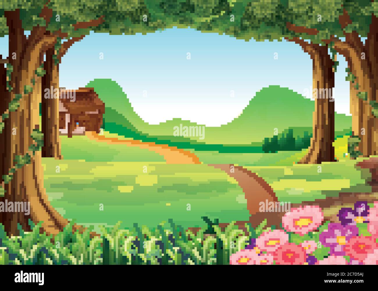 Farm scene in nature with long road to the house illustration Stock ...