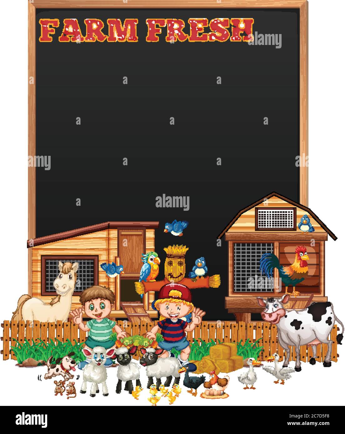Wood frame template with animal farm set isolated illustration Stock ...
